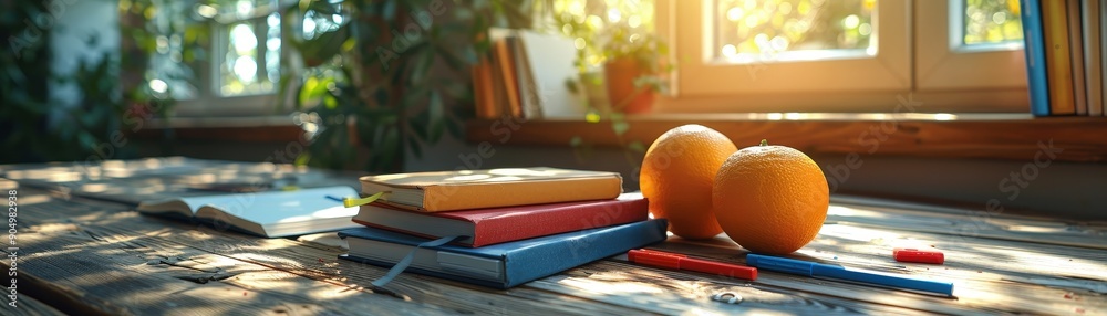 Busy student's desk with open study guides, erasers, and scattered ...