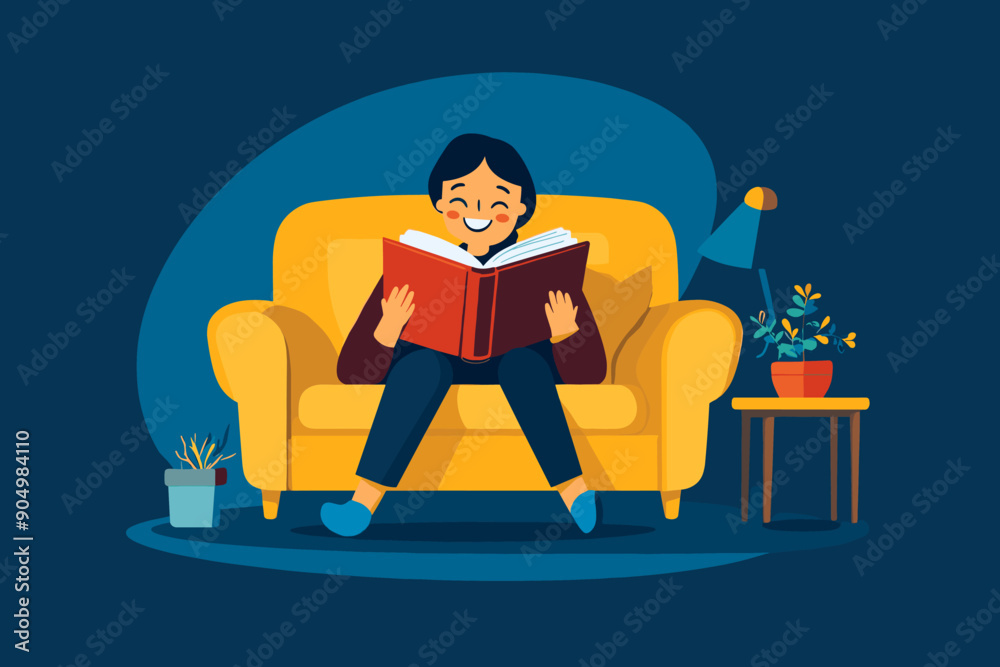 Young woman reading a book with enjoyment and great interest. Cartoon ...