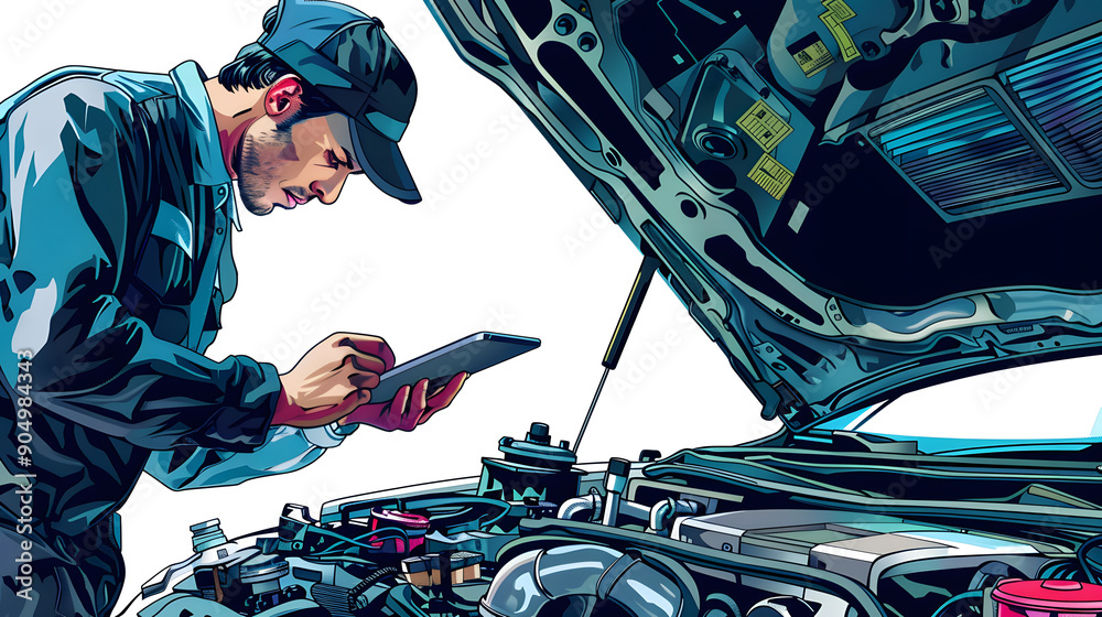 specialist inspecting the engine bay of a vehicle using a tablet ...