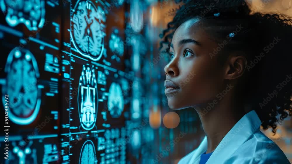 Young Black Trainee Doctor Studying AI Medical Scans in Futuristic ...
