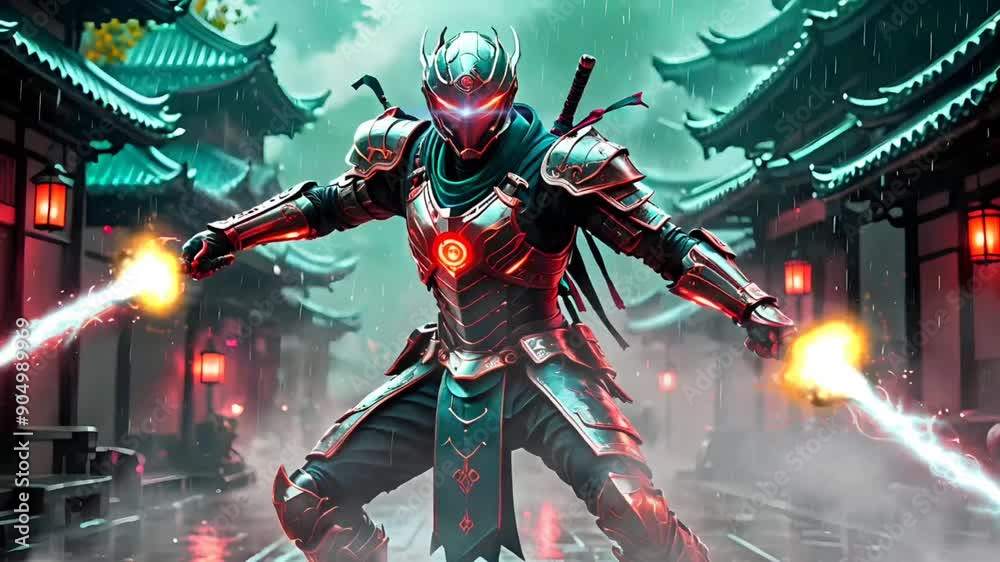 Cyber samurai with futuristic armor and dual fire weapons in ...