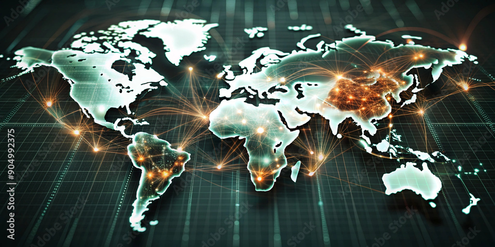 A digital world map with glowing connection lines, illustrating global ...