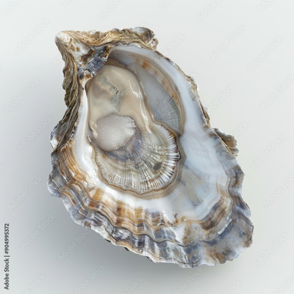 An oyster on a white background. The oyster is open, showing the inside ...