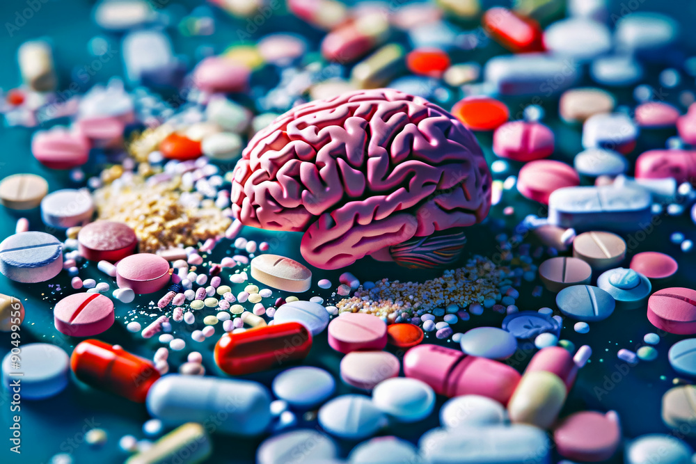 Brain surrounded by various colorful pills and tablets, symbolizing ...