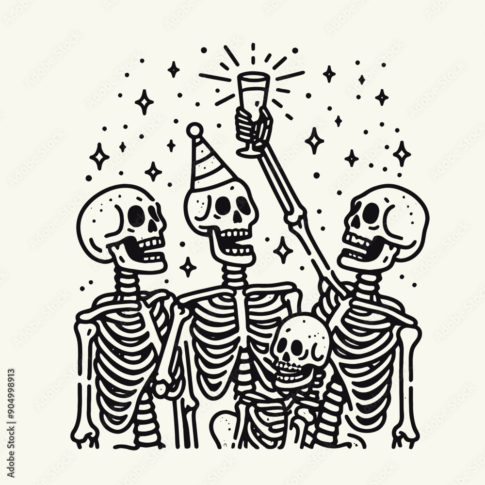 Vetor de Skeleton making a toast with a group of skeletons New Year ...