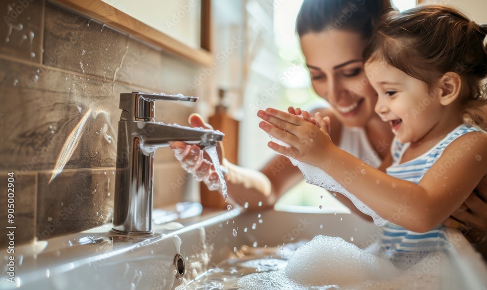 Loving Mother Teaching Child Proper Handwashing Technique. Family ...