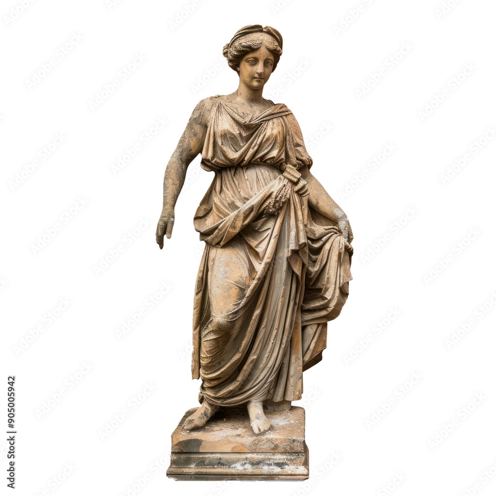 Ancient roman goddess statue wearing a draped toga is holding a piece ...