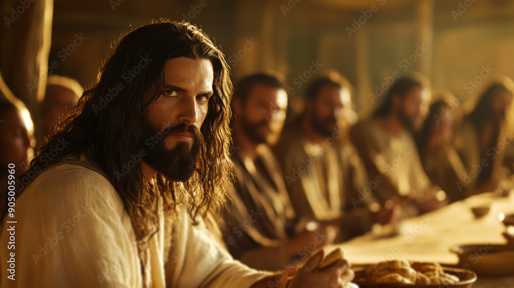 Jesus Christ sitting at the last supper table eating bread in front of ...