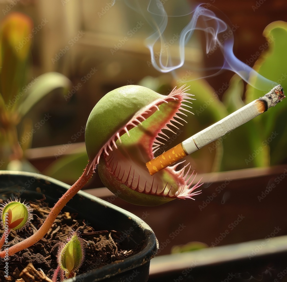 Venus Flytrap Holding a Smoking Cigarette Stock Illustration | Adobe Stock