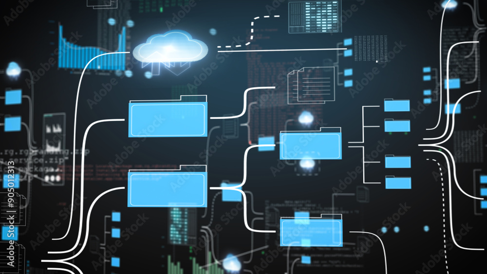 Visualization of file storage in a digital network, showing cloud ...
