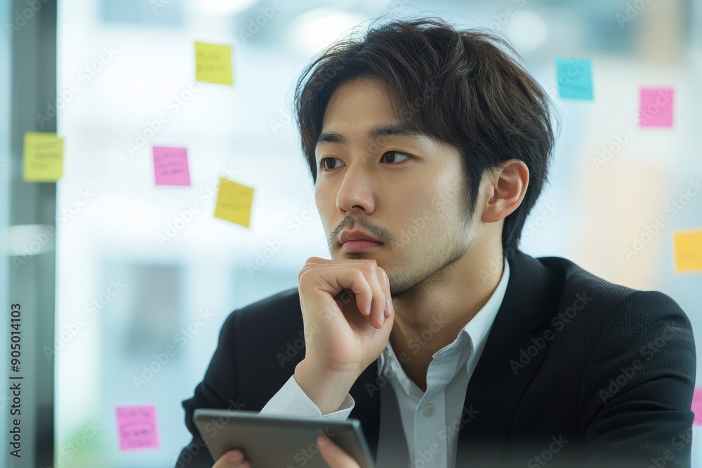 Portrait conceptual photography of a Japanese man in an office, holding ...