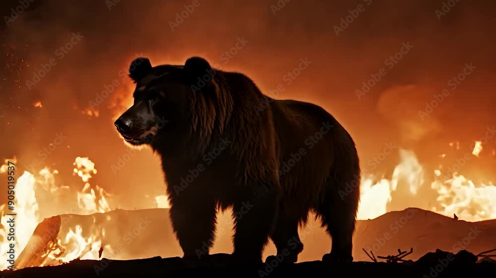 A brown bear stands in front of a raging forest fire. An ecological ...