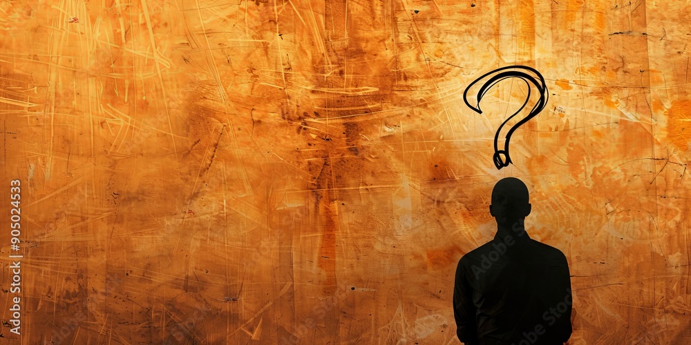 Silhouette of a man with a question mark on his head against an orange ...