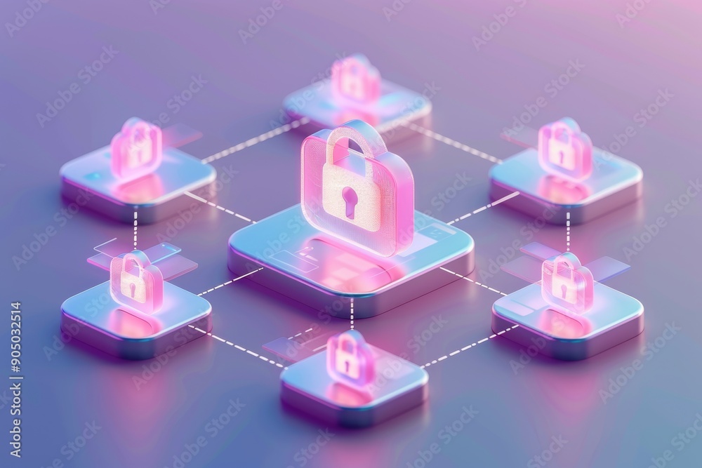 Isometric 3D digital locks on a network grid symbolize secure data flow in a high-tech ...