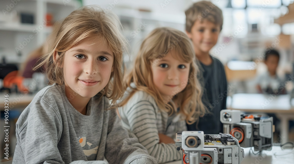 School kids in school are making robotics project, kids Teams working ...