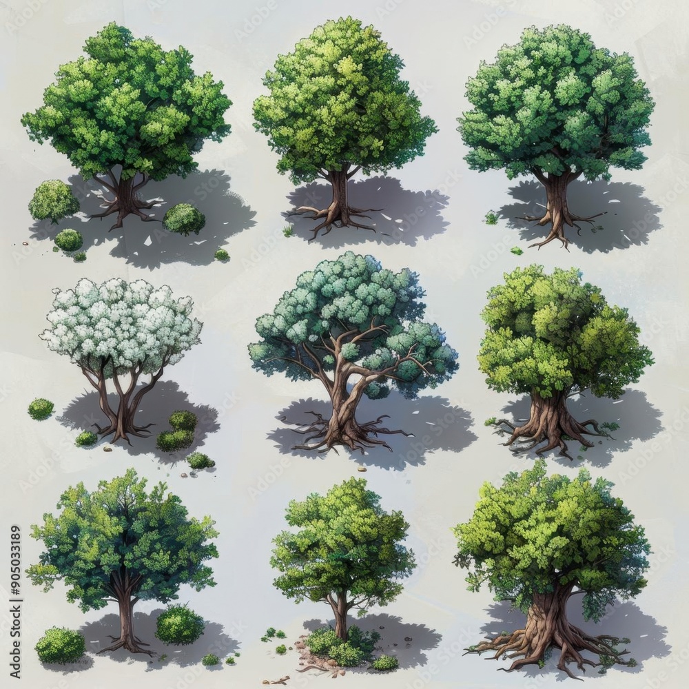 A collection of hand-drawn tree illustrations. The trees are in ...