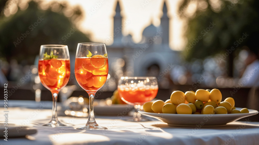 Aperol spritz cocktail served in Italian restaurant with view. Glasses ...
