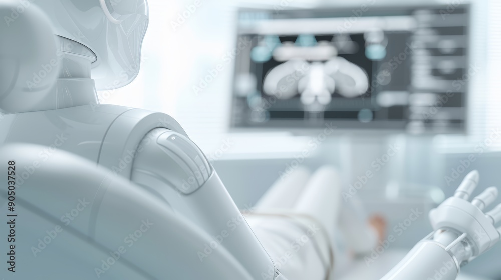 A medical robot performing an ultrasound scan on a pregnant woman in a ...