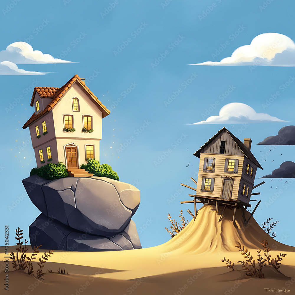 House constructed on the sand vs house constructed on a rock. Parable ...