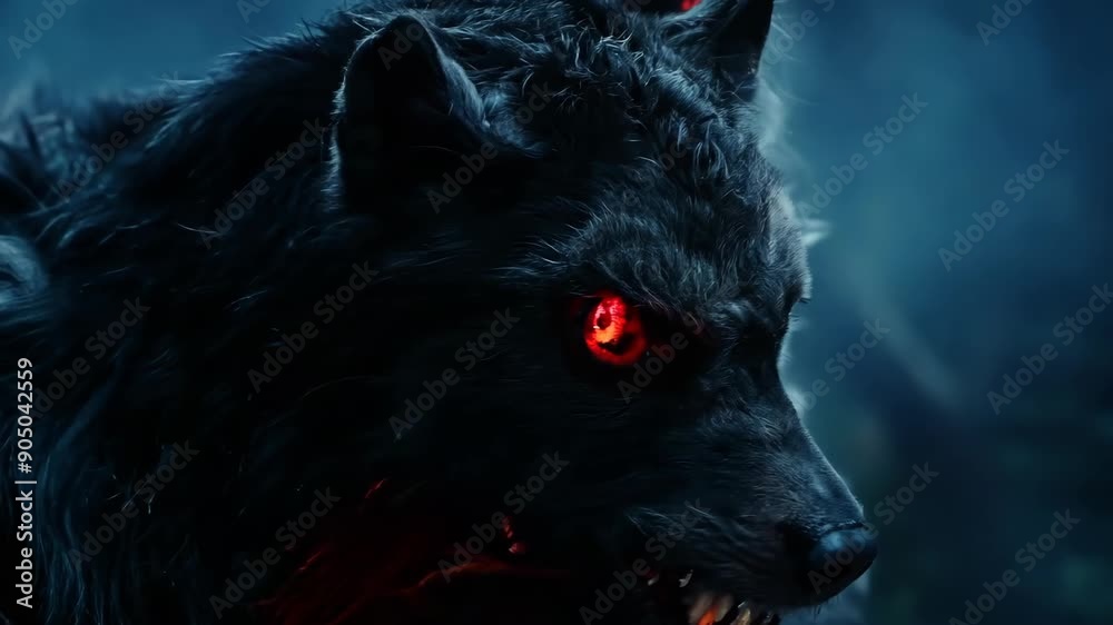 Werewolf with glowing eyes roaring in misty night background. Halloween ...