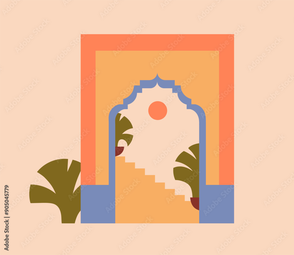Moroccan architecture card. Marrakech arch, stairs, plants and sun ...