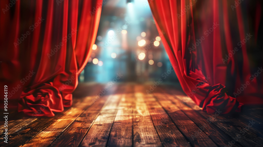 Red stage curtains with bokeh lights and a wooden floor in front of the ...