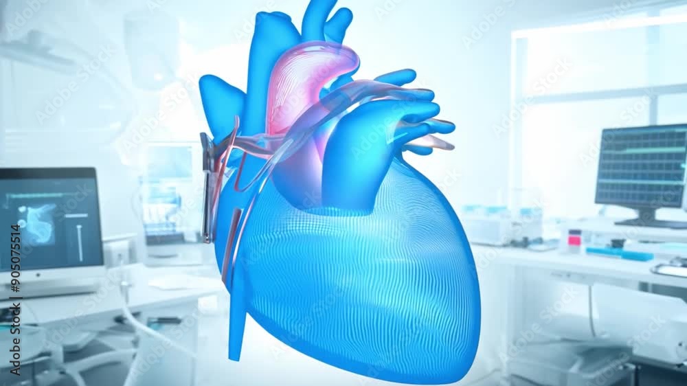 A vibrant 3D rendering of a human heart showcases its anatomy in a ...