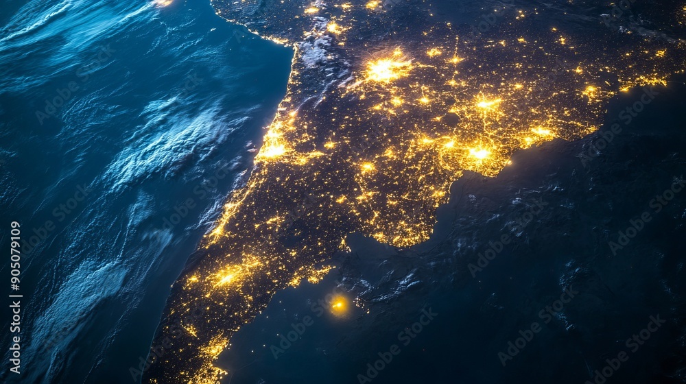 A satellite photo of Peru at night showcases the vibrant city lights ...