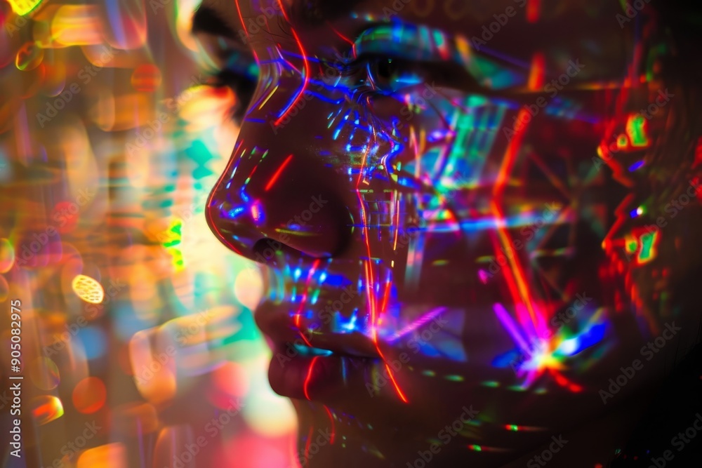 A womans face illuminated by colorful lights from holographic ...