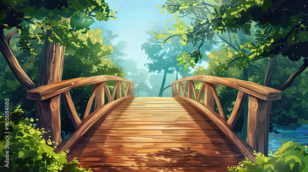 Wooden bridge crossing river in forest. Vector background of nature ...