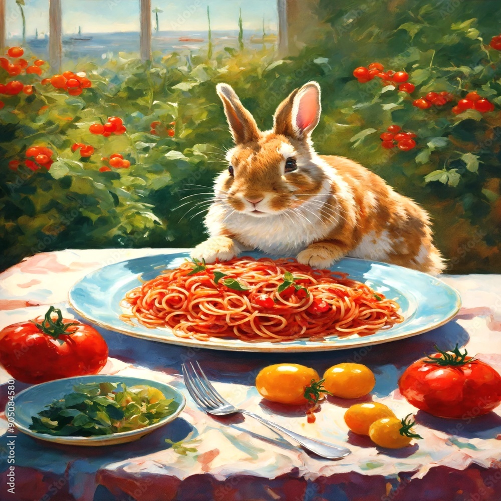 A cute tabby rabbit eating messy spaghetti with tomato sauce ...