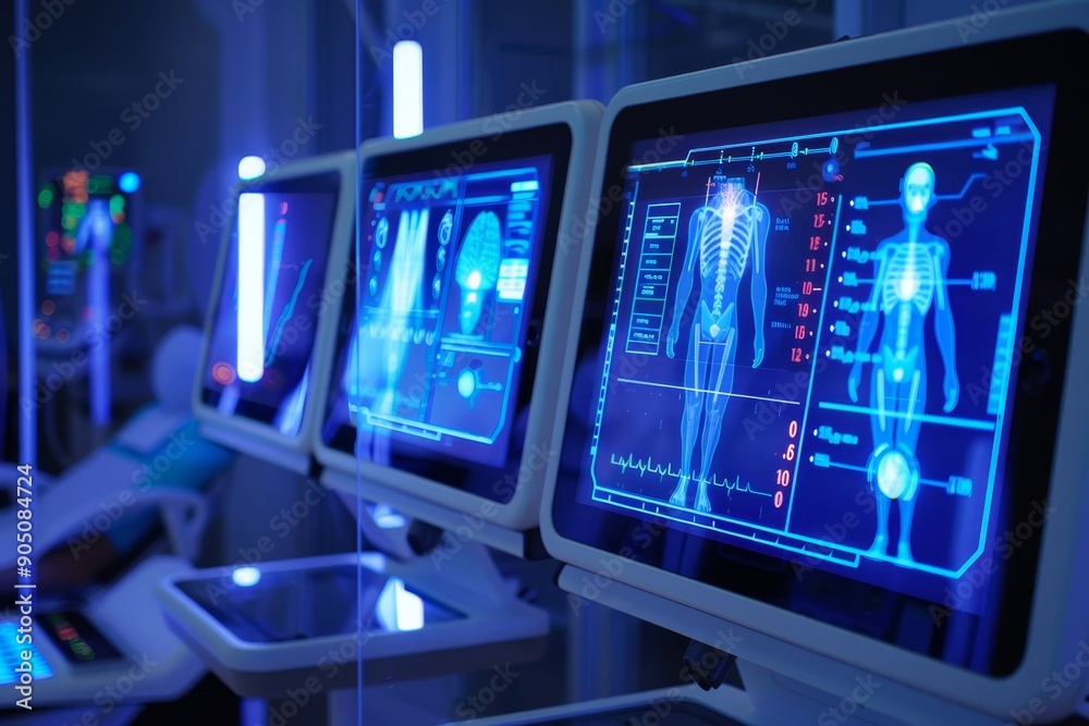 Holographic screens displaying vital signs and treatment information in ...