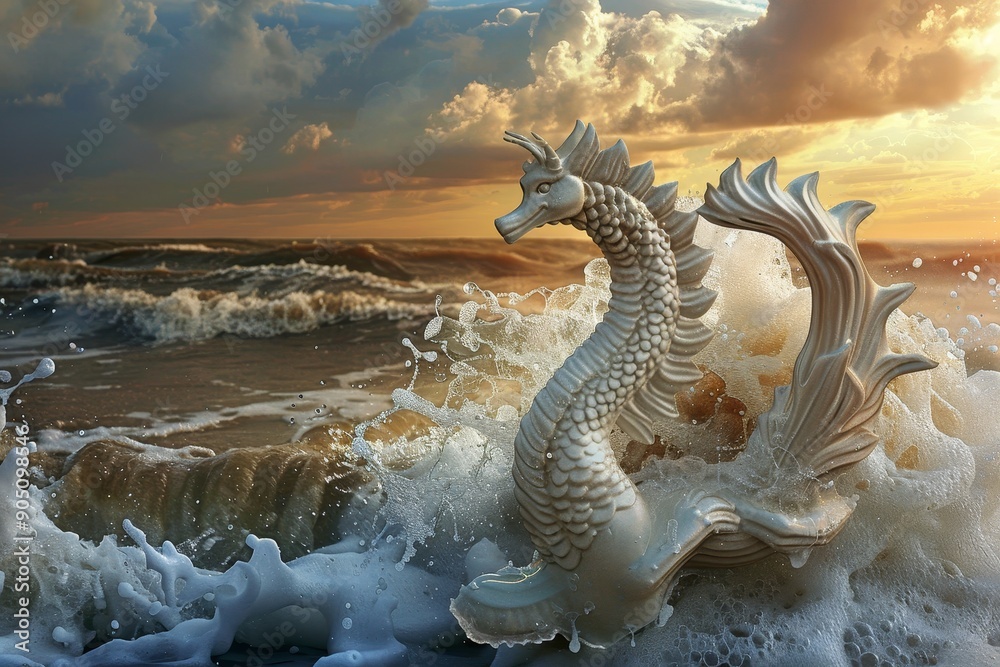White statue of sea creature submerged in ocean water, Iconic symbol of ...
