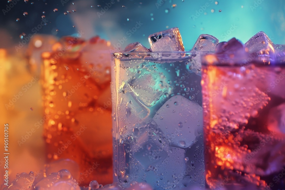 Various vibrant icy drinks with melting ice cubes under the hot sun ...