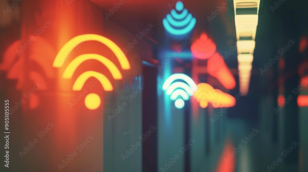 Abstract image of colorful wifi symbols in a blurry city background ...