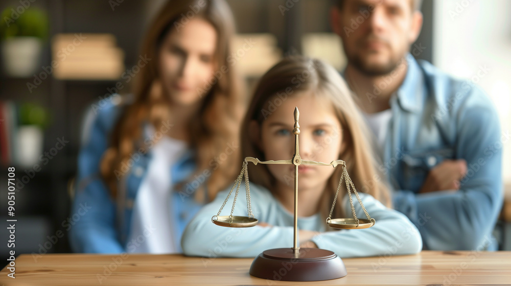 A child sits at a table in front of a neutral judge with a gavel and ...