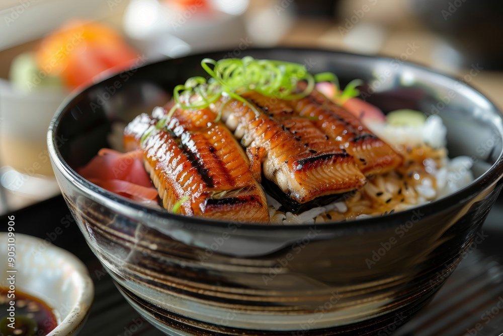 Bowl of Yakisoba With Grilled Salmon and Rice, Illustrate a modern ...