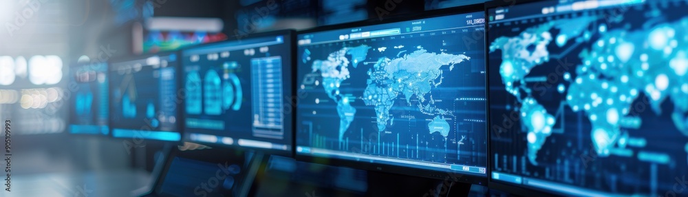 A modern control room with multiple screens displaying data visualizations and global maps in a ...