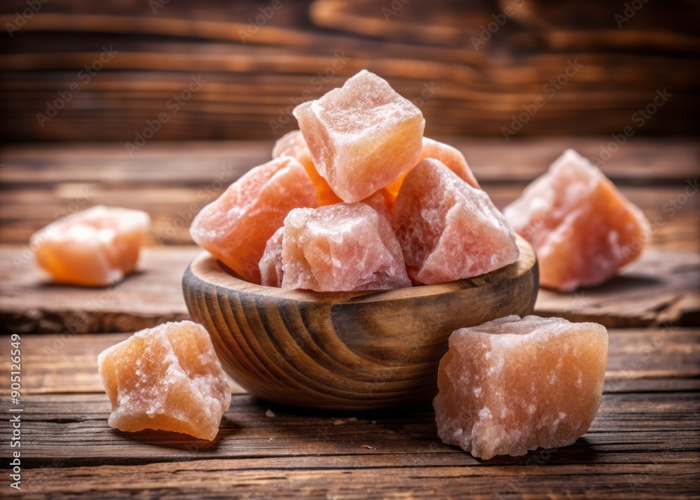 Natural chunks of Himalayan pink salt showcased on a rustic wooden ...