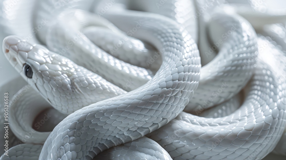 Close-up of white snakes tangled together. Aesthetic template for the ...