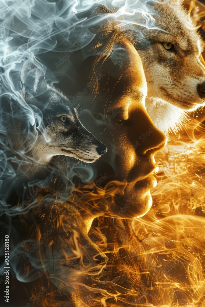 Forests of wolves, human faces, and intertwining smoke, symbolizing a ...