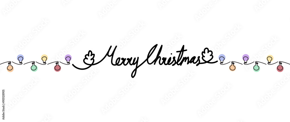 Merry Christmas one line art and light blub, hand drawn continuous ...