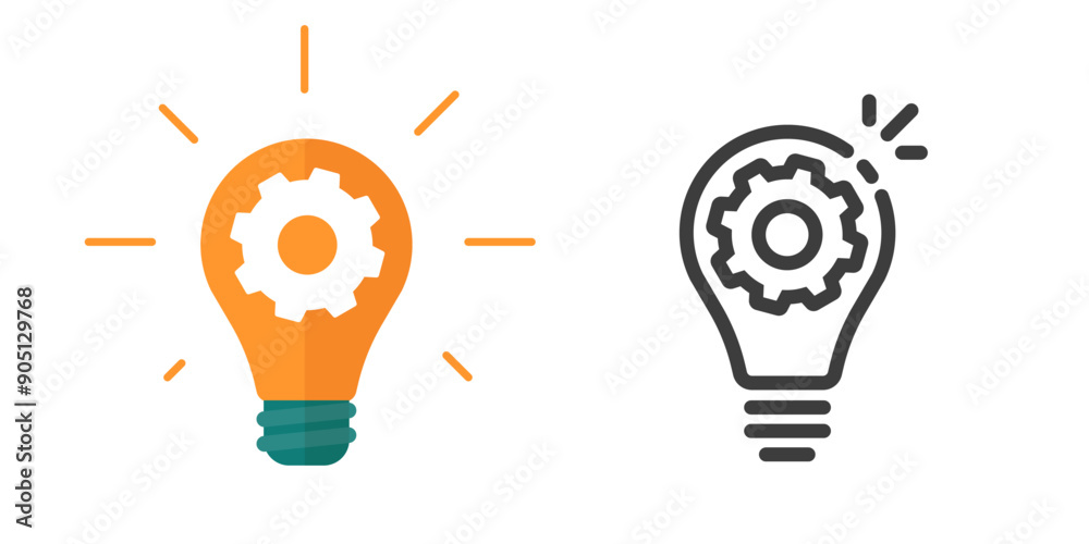 Light bulb icon with cog wheel gear icon simple vector graphic illustration set flat cartoon and ...