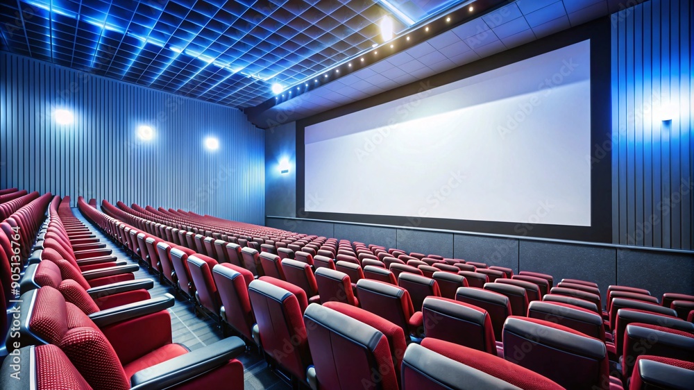 Empty Movie Theater Seats Facing the Screen. A wide shot of an empty movie theater, showcasing ...