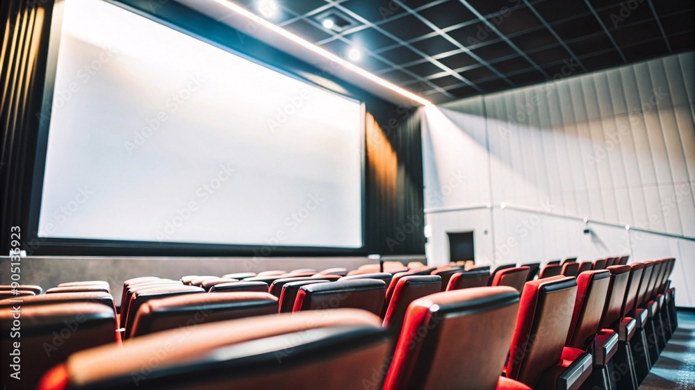 Empty Movie Theater Seats Facing the Screen. A wide shot of an empty movie theater, showcasing ...