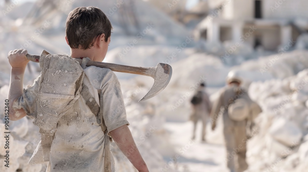Back view of a boy with a pickaxe over his shoulder, walking through ...