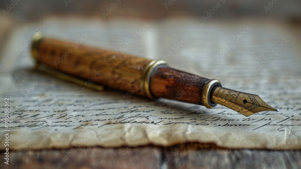 A vintage fountain pen with ornate engravings lies on an aged piece of ...
