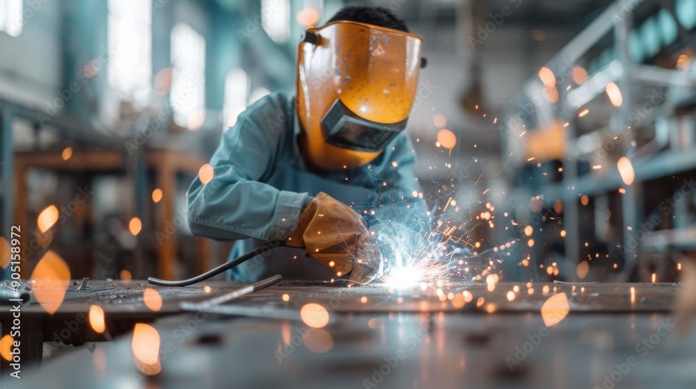 Boy welding metal parts, sparks flying, dimly lit workshop, soft-focus ...