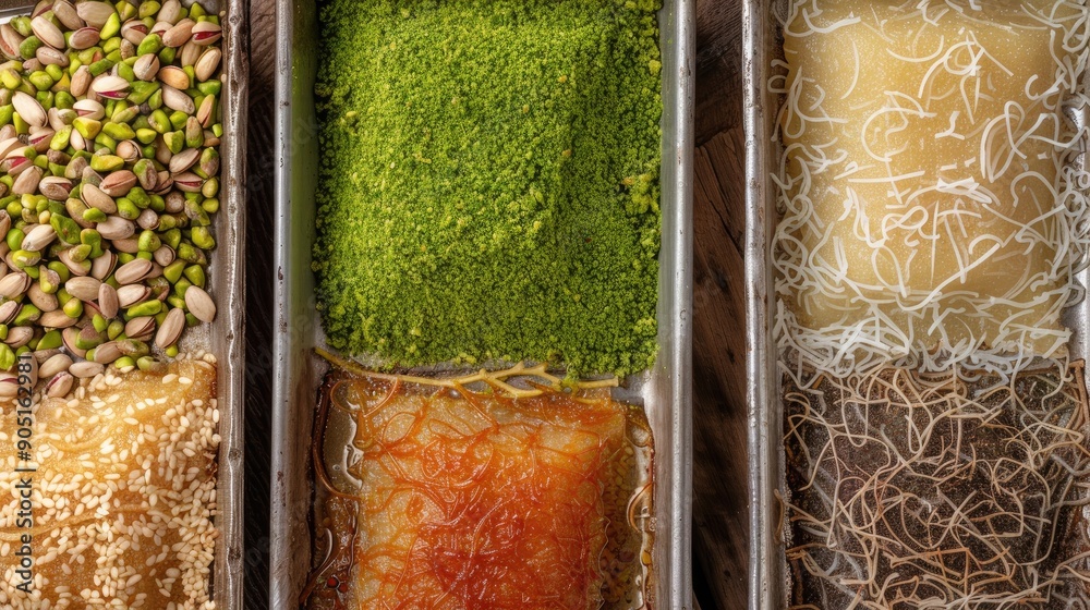 Arabic traditional mix kunafa desserts rough and soft konafa in trays ...
