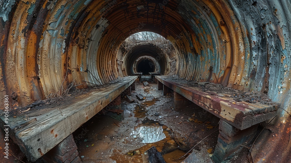 A rusty, abandoned tunnel with deteriorated wooden benches, showcasing ...